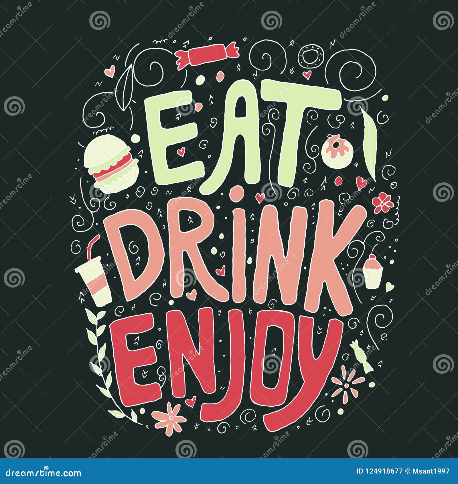 Eat, Drink, Enjoy. Doodle Hand Drawn Colorful Text with Elements Stock ...