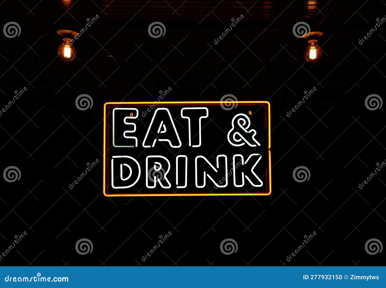 Eat and Drink Neon Sign with Vintage Lightbulbs and Ceiling Stock Photo ...