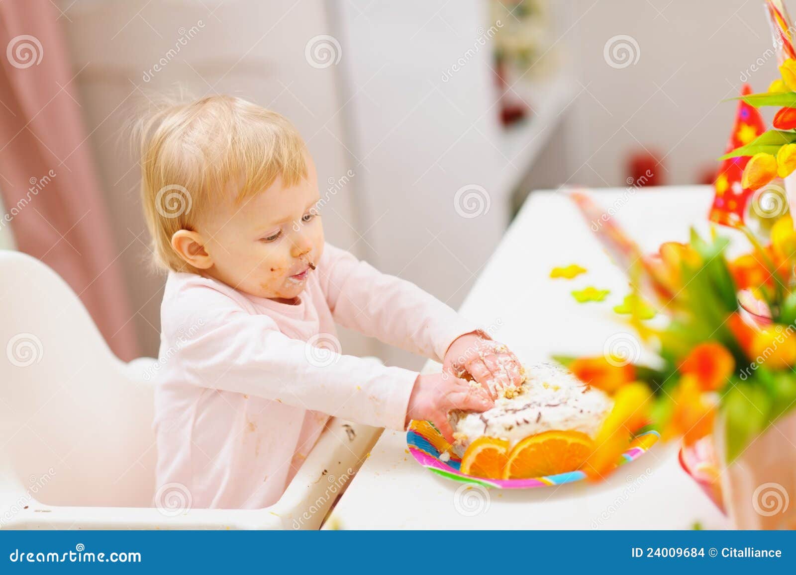 Eat Smeared Baby Touched Birthday Cake by Hands Stock Photo - Image of ...