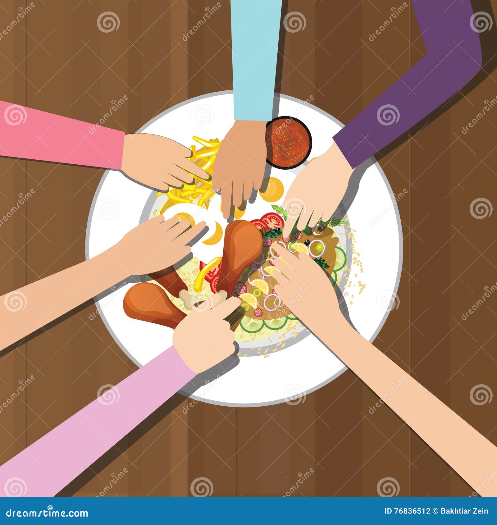 Eat Together Many Hands One Plate Food View from Top Stock Vector ...