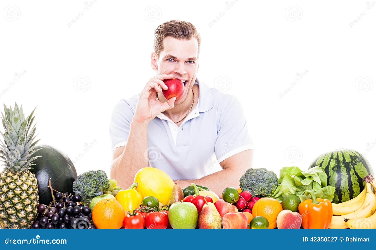 Eating an Apple from Stack of Fruit and Vegetables Stock Image - Image ...