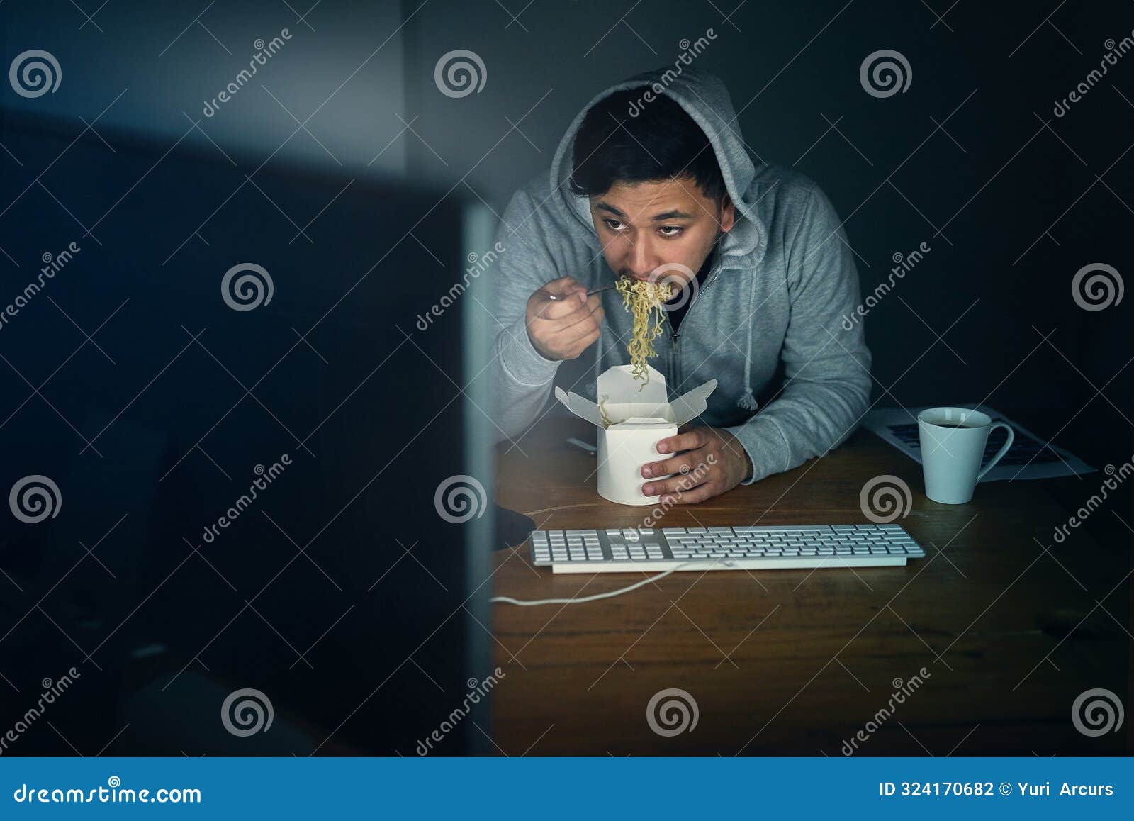 Eating, Computer and Takeaway at Night with Man and Coding Work with ...