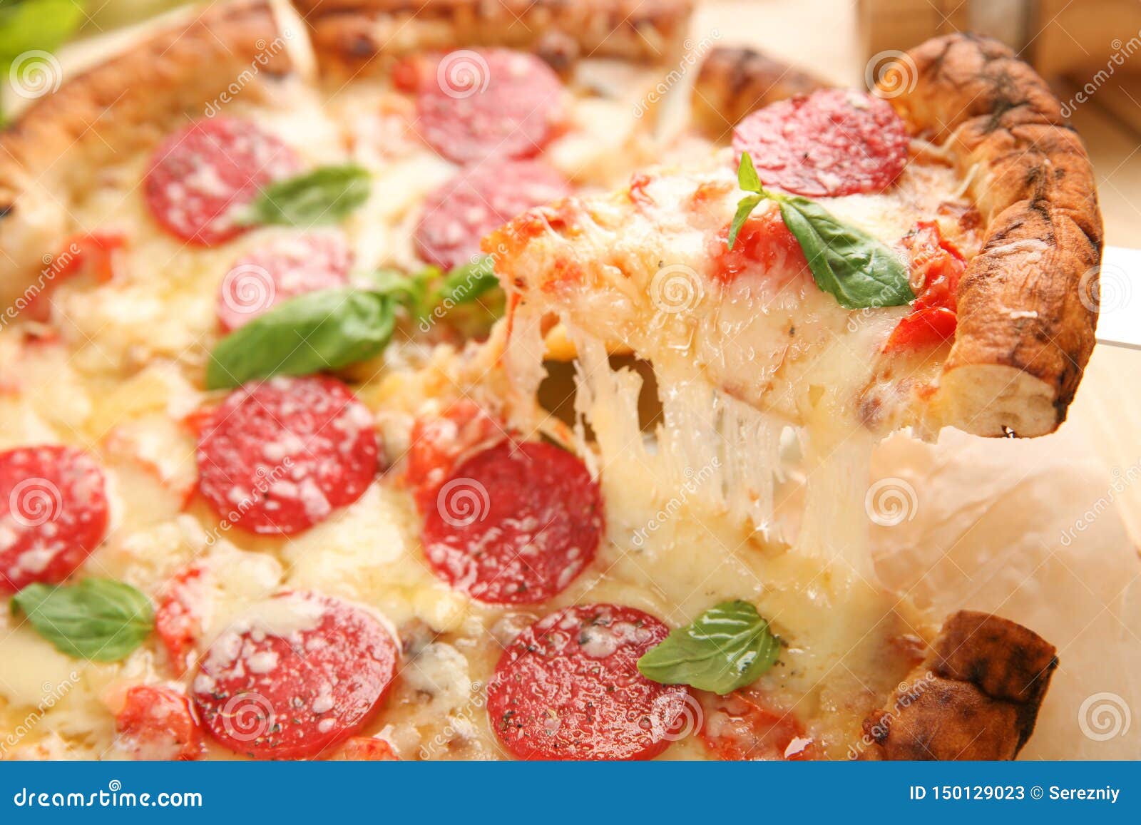 Eating of Delicious Pepperoni Pizza, Closeup Stock Image - Image of ...