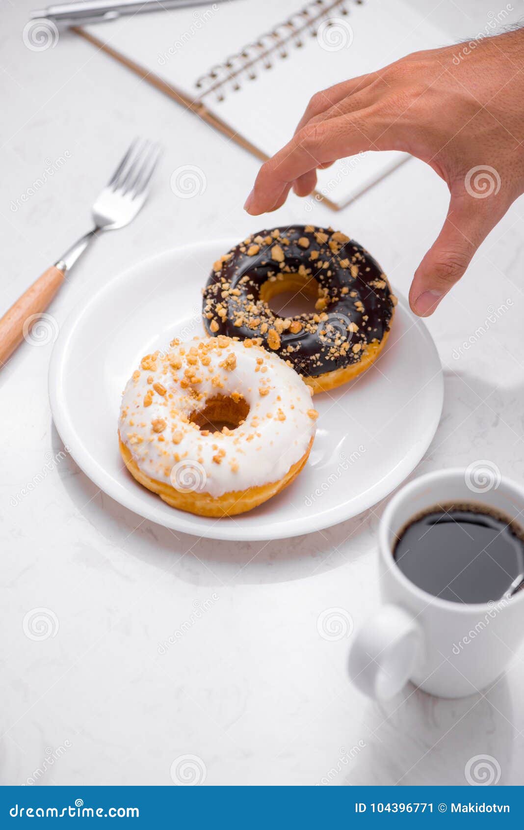 Eating Doughnuts. Coffee Break with Tasty Donuts Stock Image - Image of ...