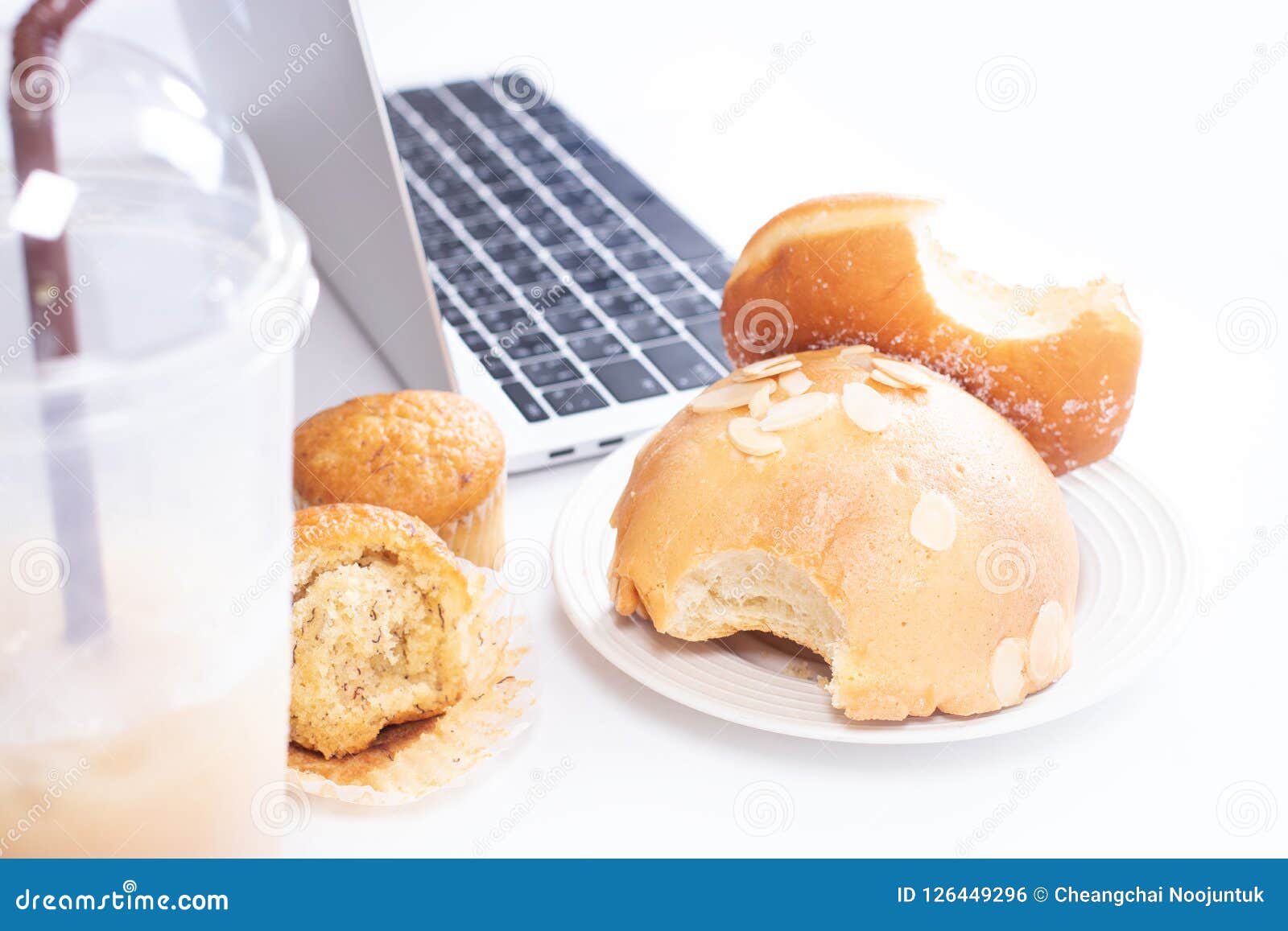 Food and Sweet Bread on the Computer Desk. Stock Photo - Image of bread ...