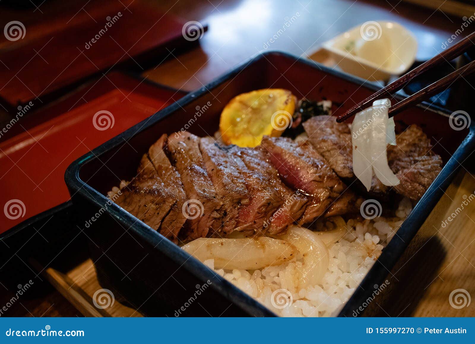 Eating Perfectly Cooked Steak in High-class Japanese Restaurant Stock ...
