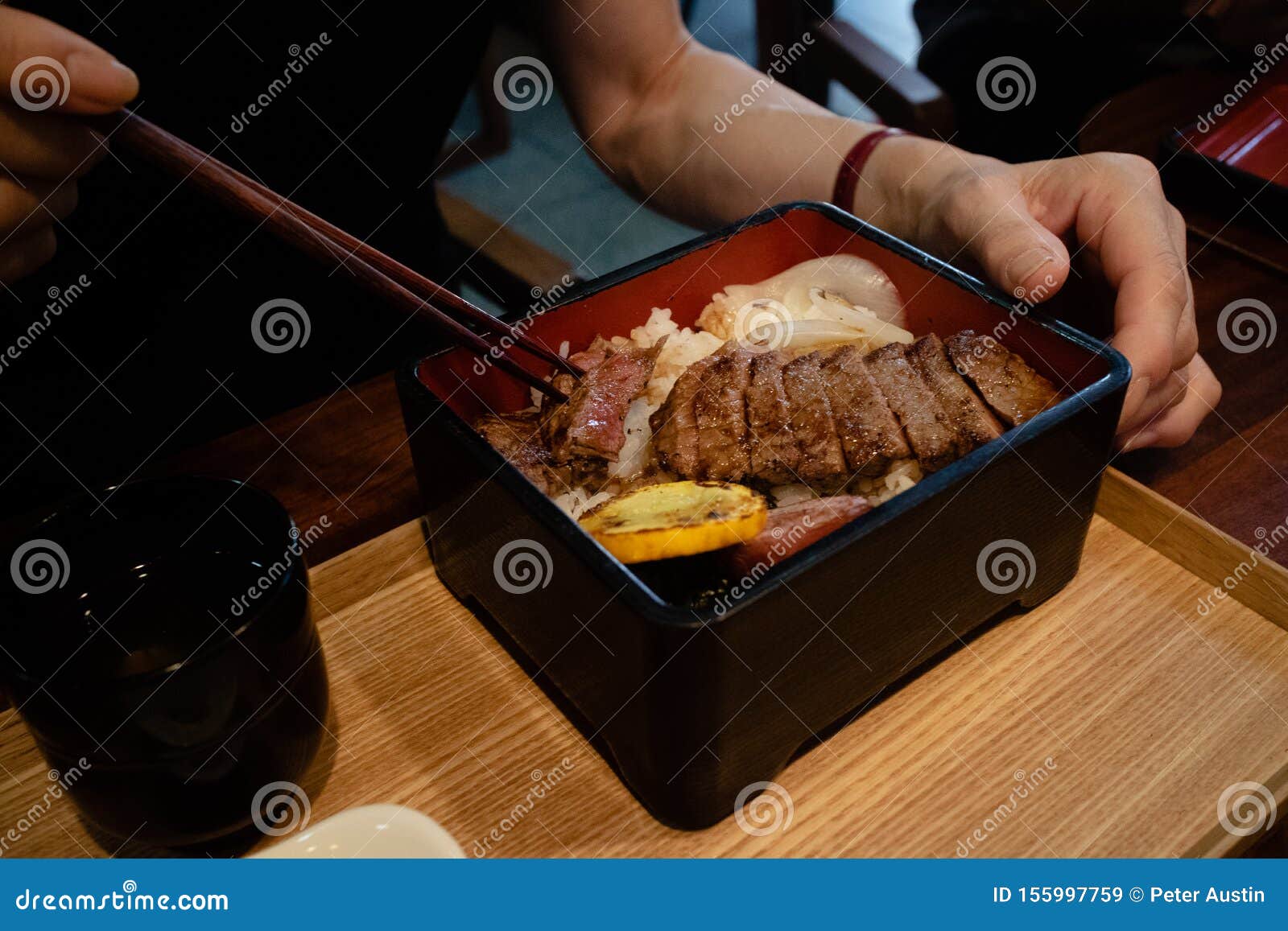 Eating Perfectly Cooked Steak in High-class Japanese Restaurant Stock ...