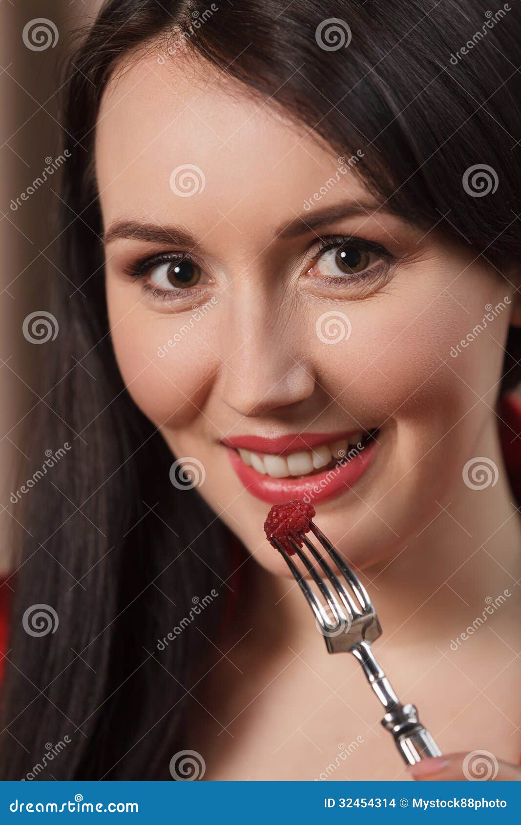 Eating Raspberry. Close-up of Women Eating Raspberry Using Fork Stock ...