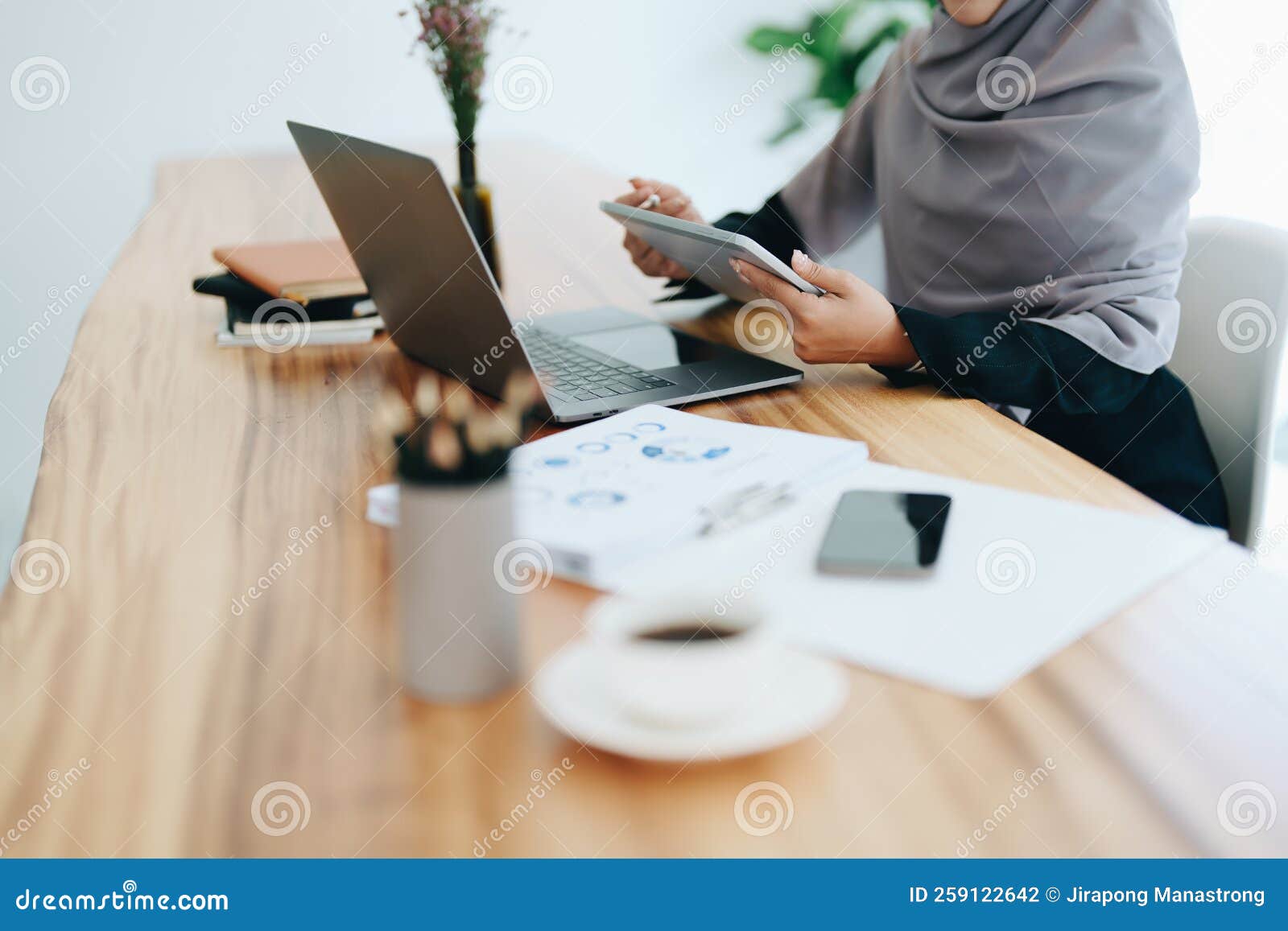Eautiful Muslim Woman Using Computer and Documents Working in Office ...