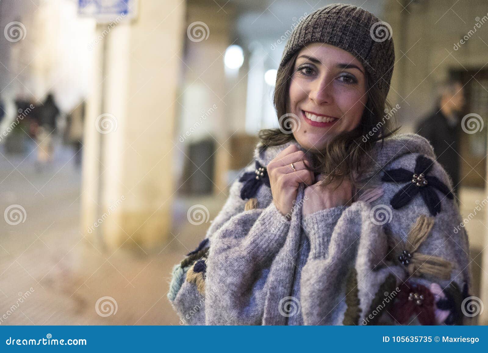 Eauty Woman In Night Scene With Wool Cap Stock Image Image Of