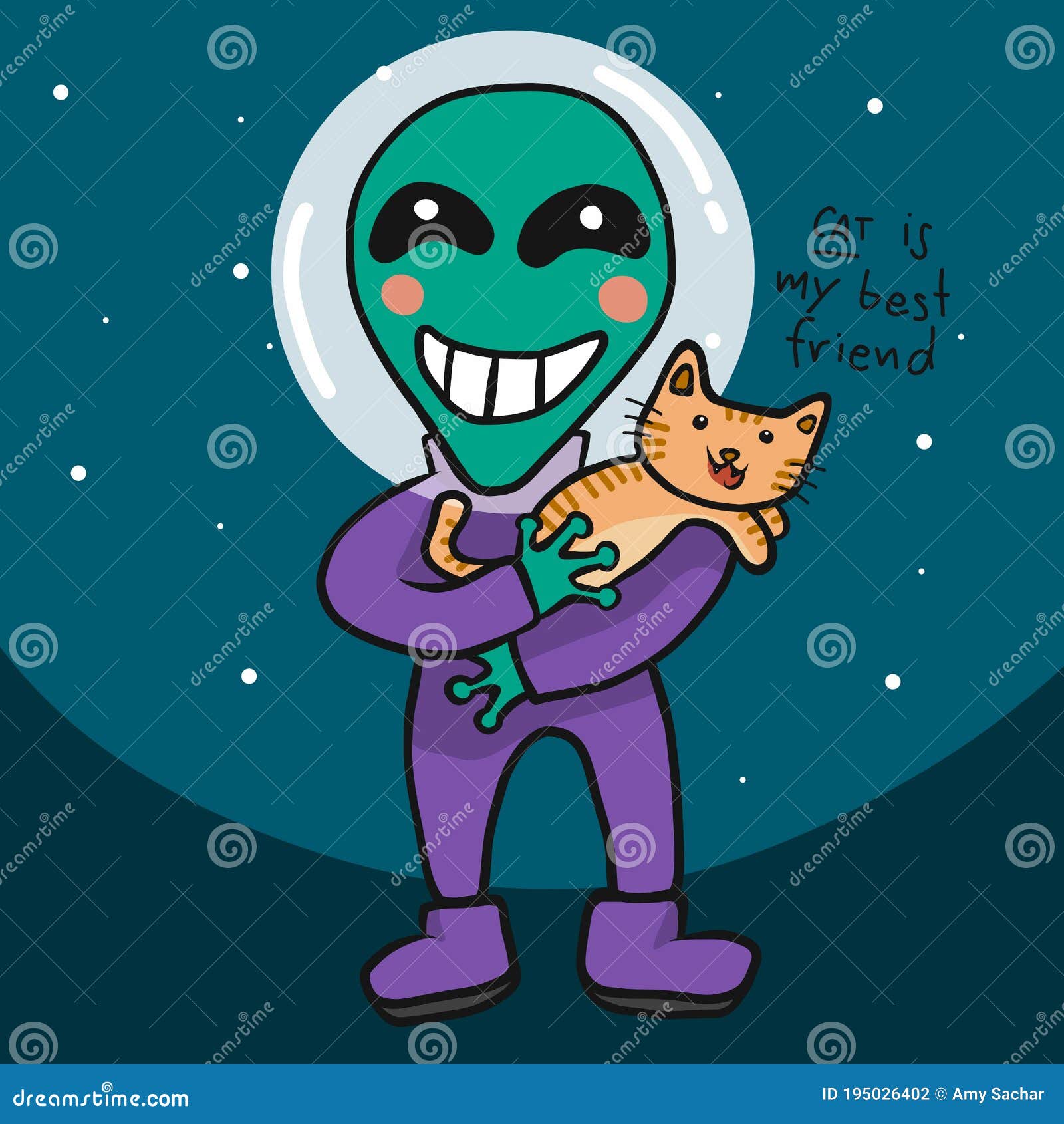 Alien Hugging Cat, Cat is My Best Friend Cartoon Illustration Stock ...