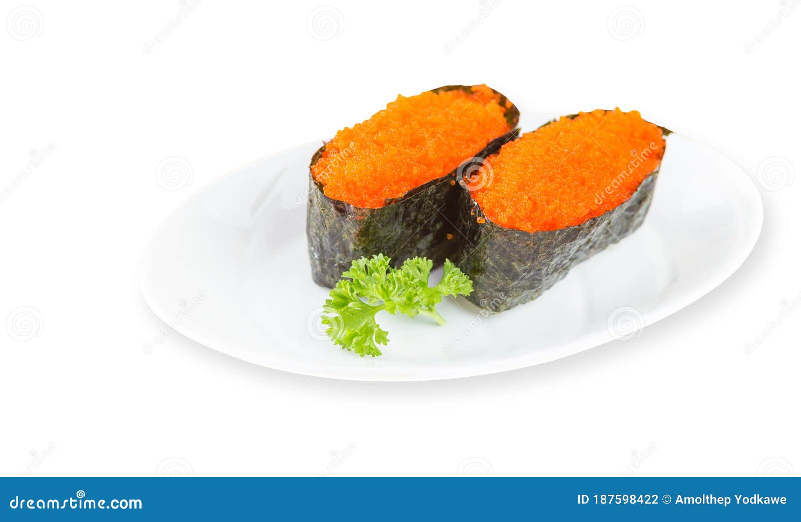 Ebiko sushi isolated stock photo. Image of fish, gourmet - 187598422