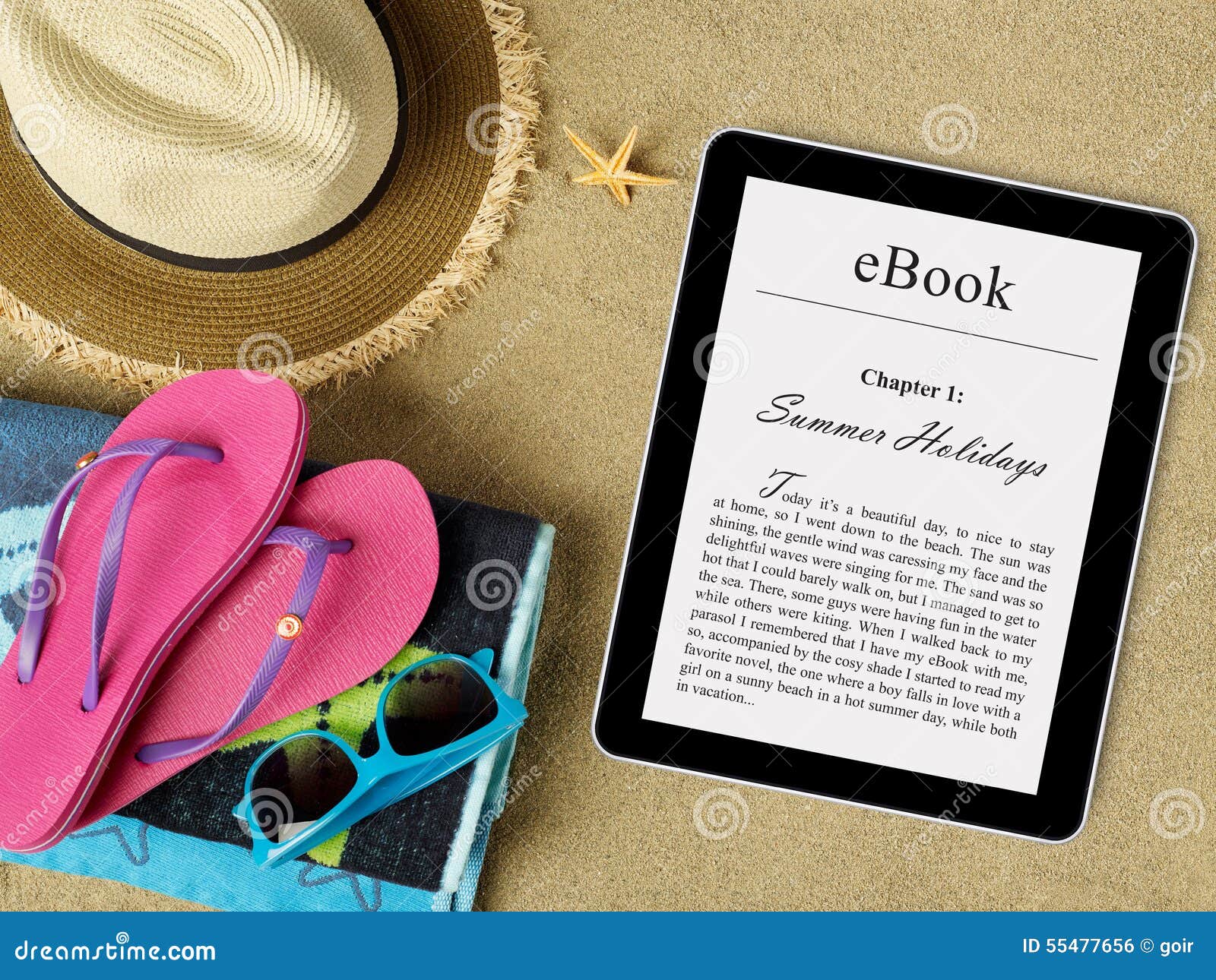 EBook tablet on beach stock photo. Image of beach, journey - 55477656