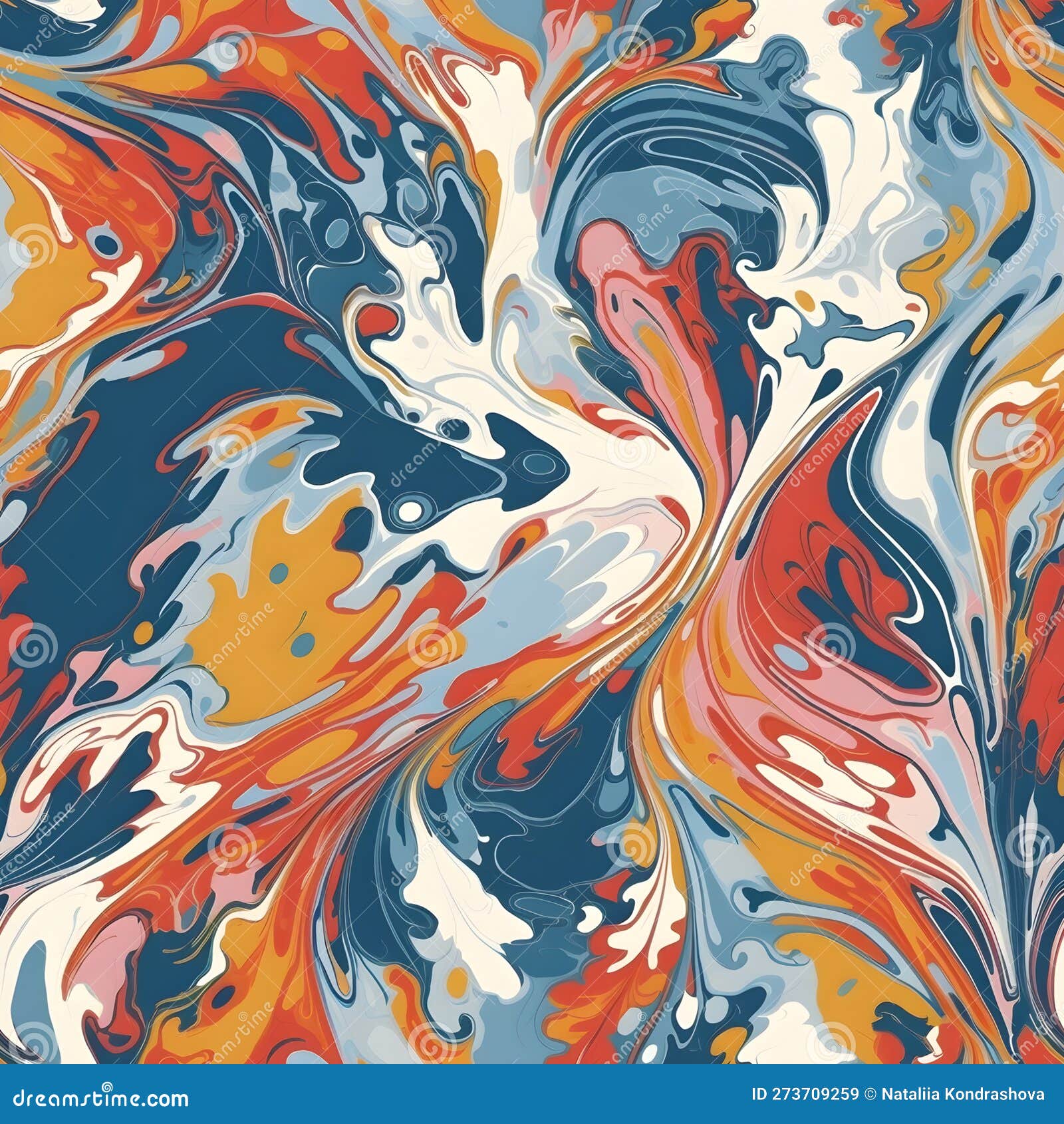 Ebru Paintinfg Texture Seamless Pattern. Blue, Red, White Abstract ...