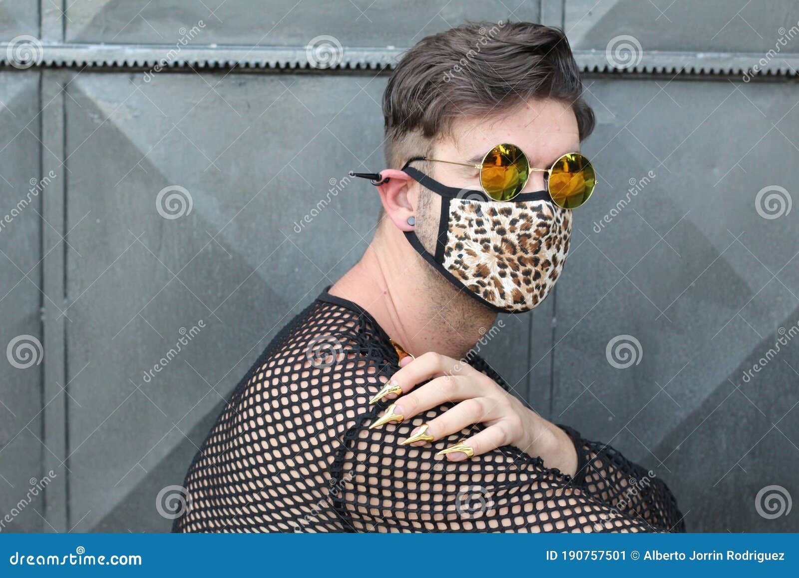 Eccentric Man Wearing Leopard Camo Protective Face Mask Stock Image ...