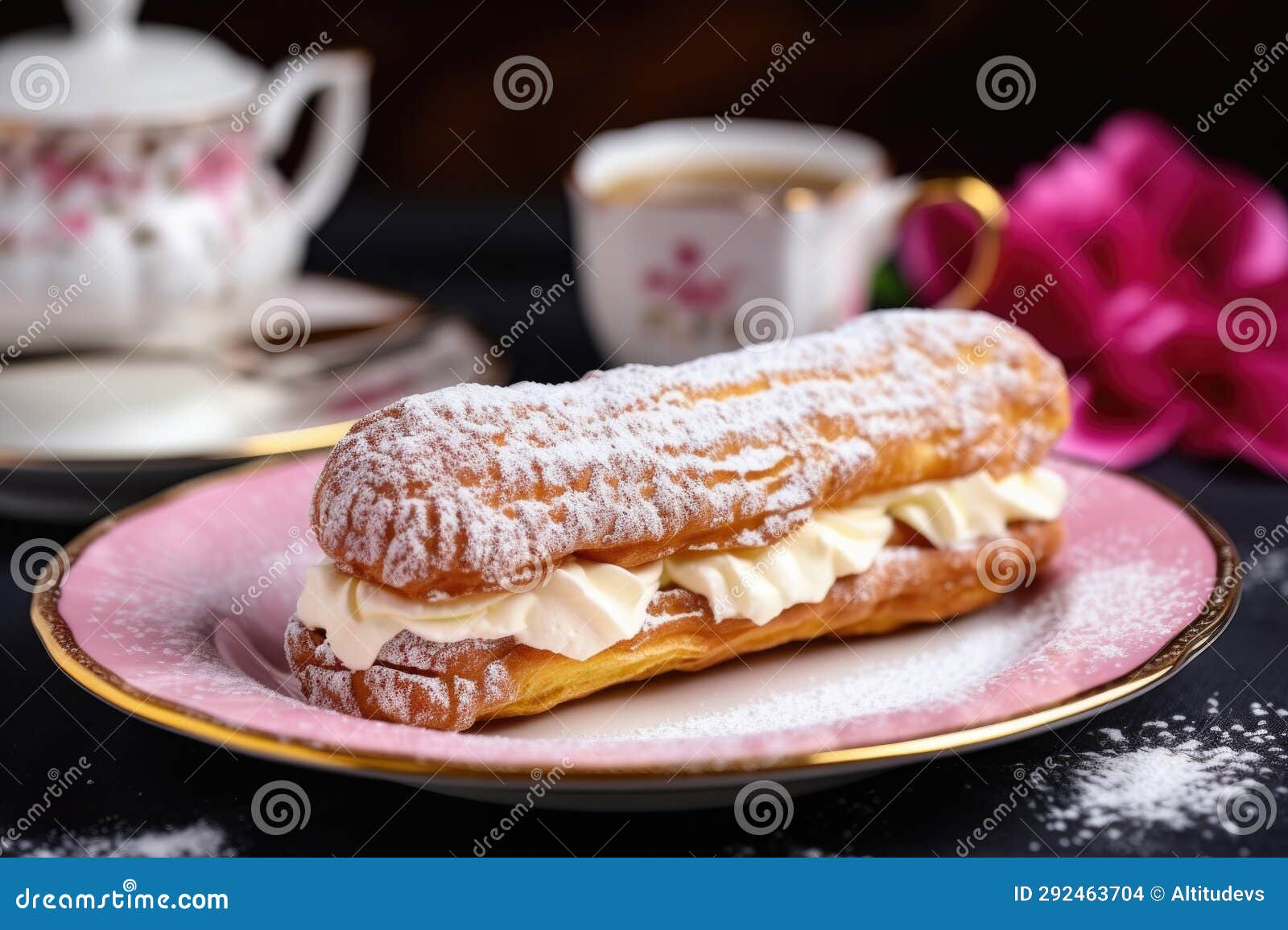 Eclair with a Powdered Sugar Dusting on a Pink Plate Stock Illustration ...