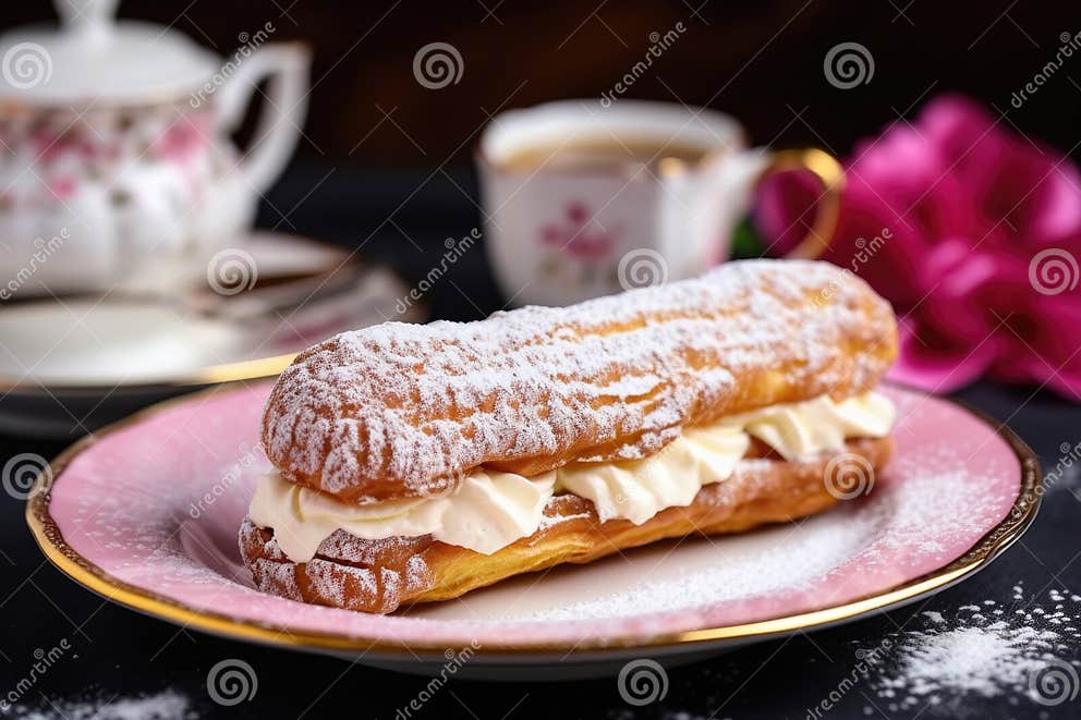 Eclair with a Powdered Sugar Dusting on a Pink Plate Stock Photo ...