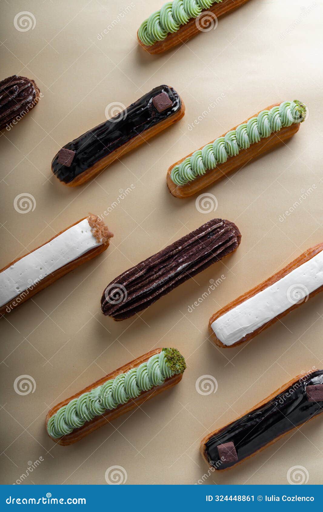 Eclairs Selection, Delicious Eclairs on Beige Background Stock Image ...