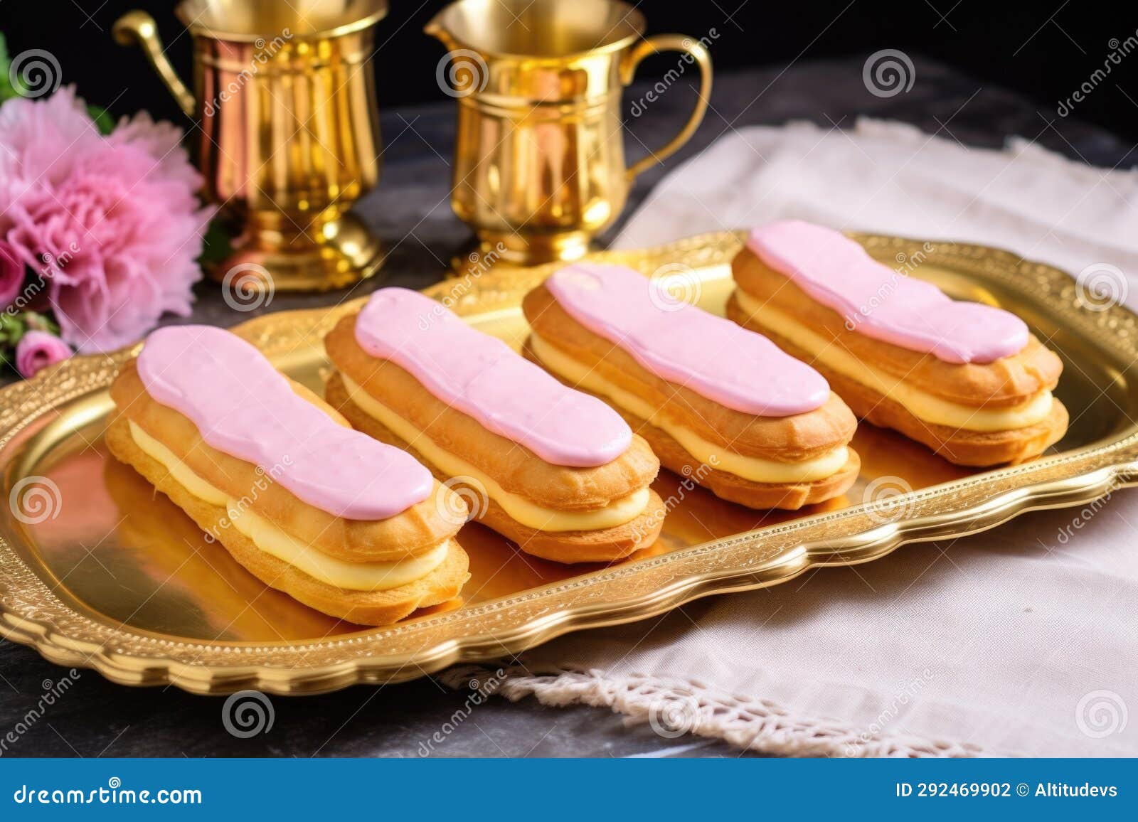Eclairs with Strawberry Icing on a Gold-toned Tray Stock Photo - Image ...