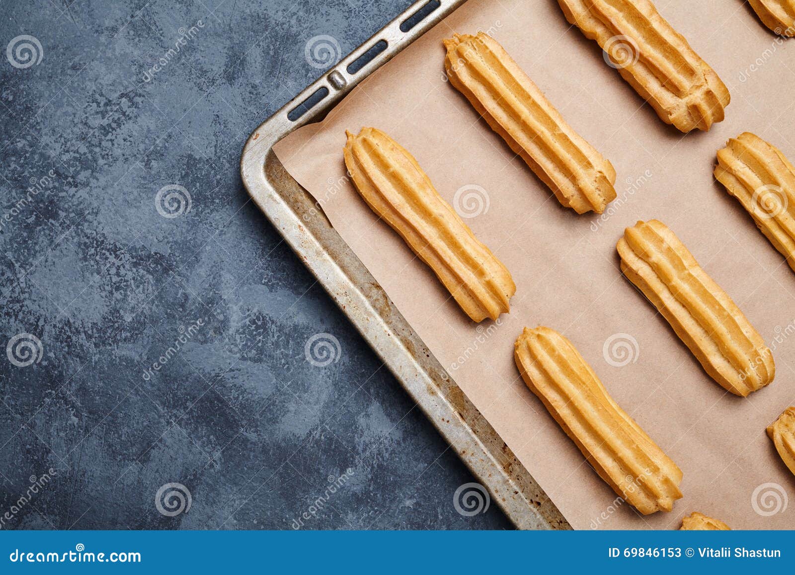 Eclairs Traditional French Dessert on Baking Sheet with Empty Frame ...