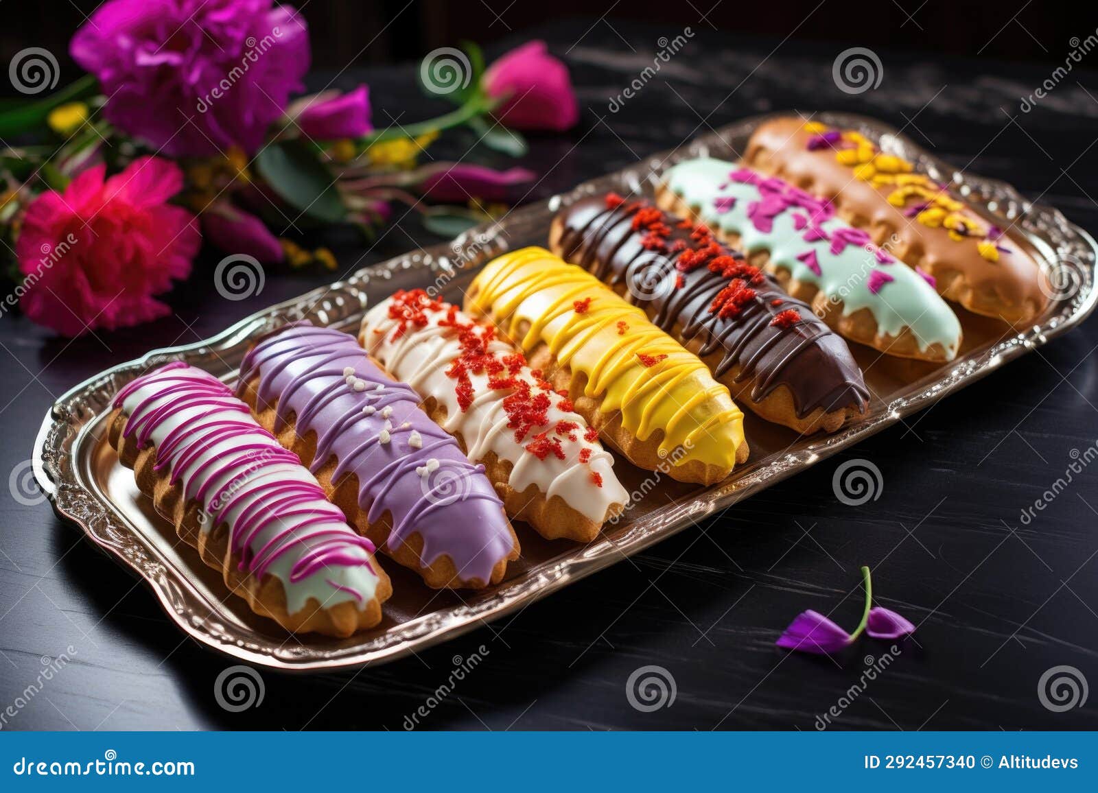 Eclairs with Various Multicolored Icing on a Silver Tray Stock Photo ...