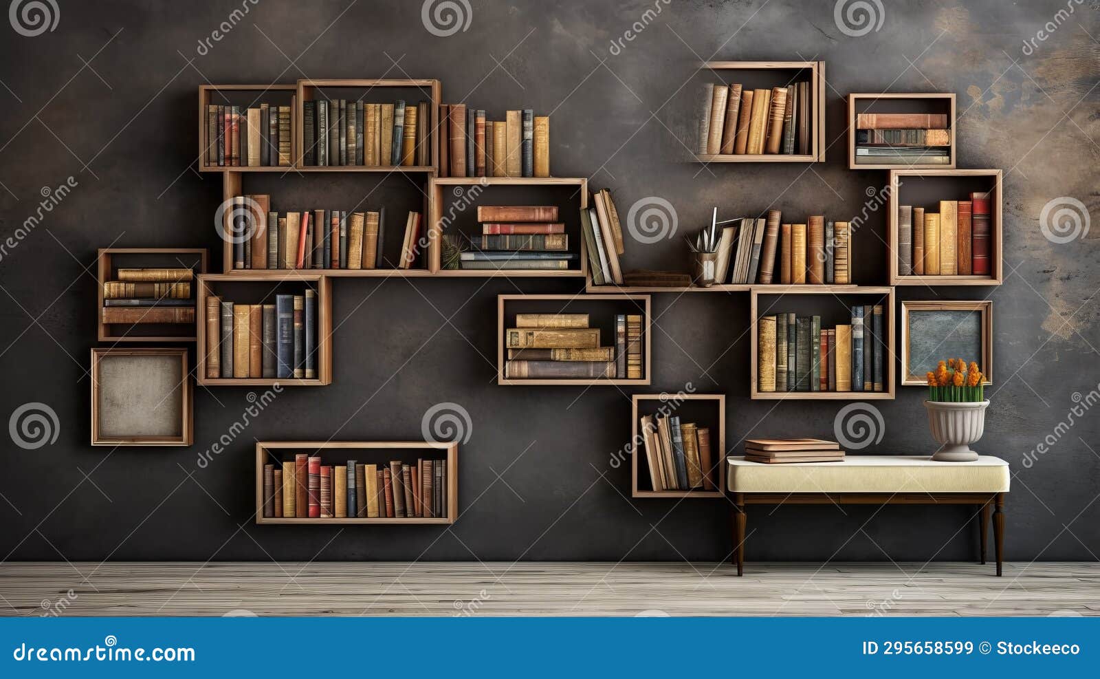 Eclectic Bookcases Picture Frame Leaning Against Wall Stock ...