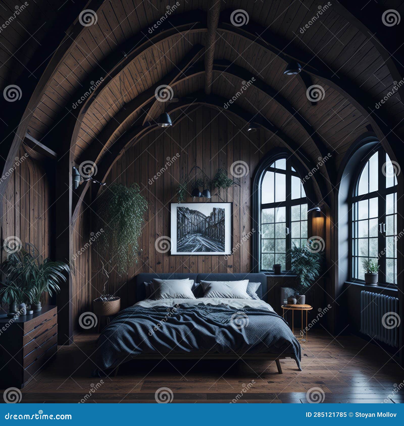 Eclectic Modern Interior of Bedroom Design with High Arched Ceiling ...