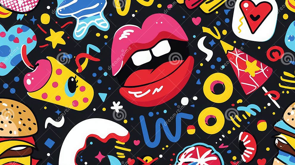 Eclectic Pop Art Seamless Pattern with Fast Food, Lips, and Abstract ...