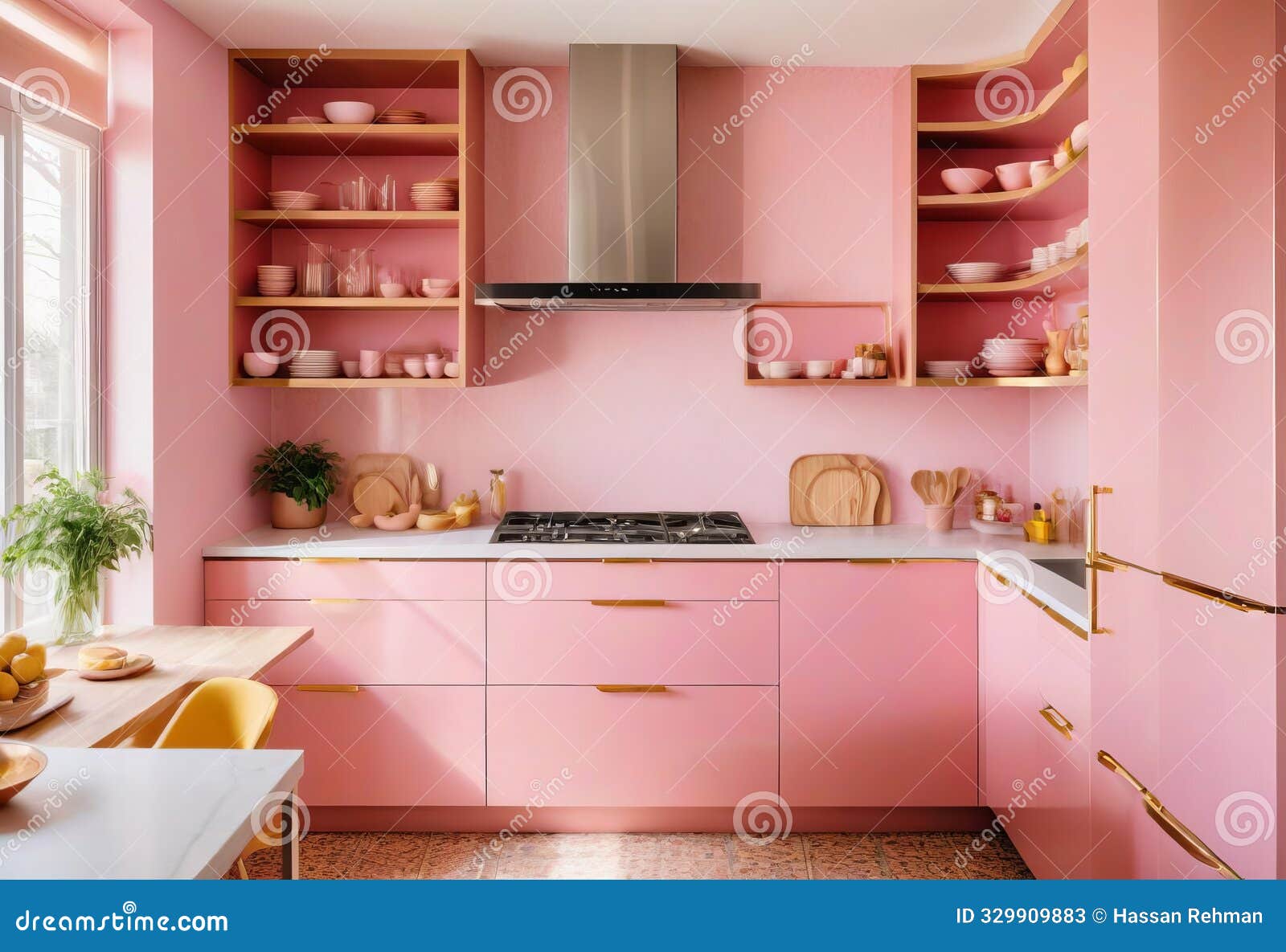 An Eclectic and Vibrant Pink Kitchen Interior Stock Illustration ...