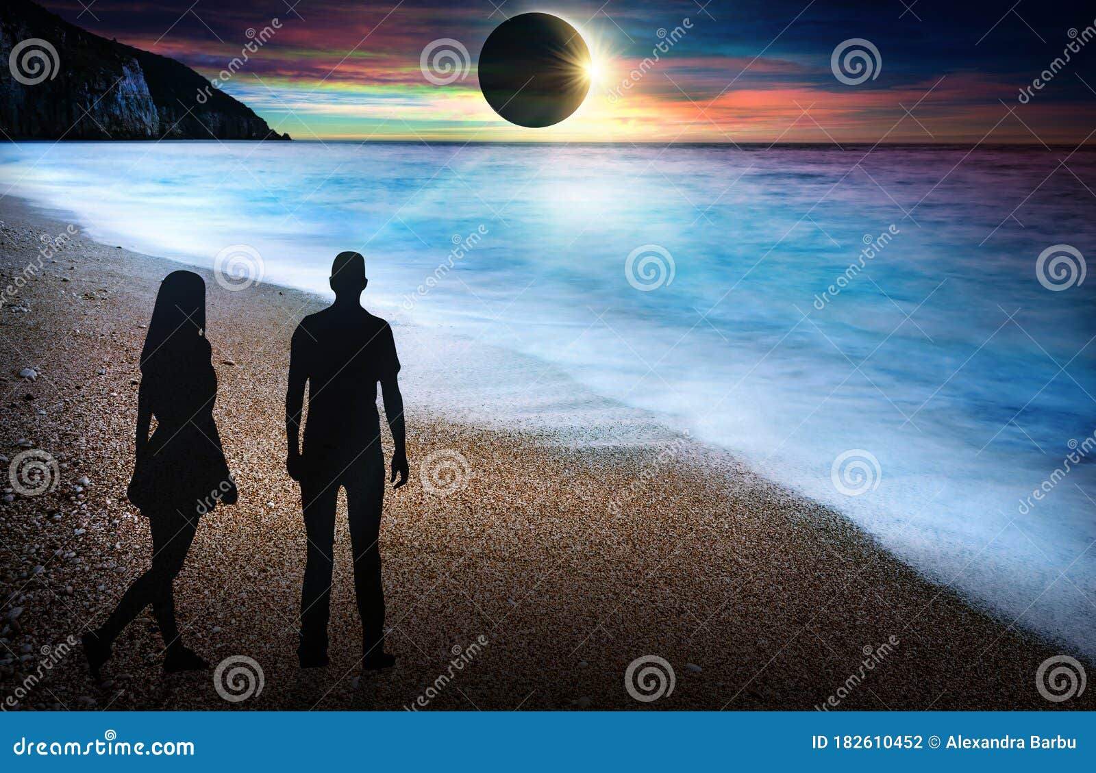 Man, Woman Silhouettes Looking at Solar Eclipse Stock Photo - Image of ...