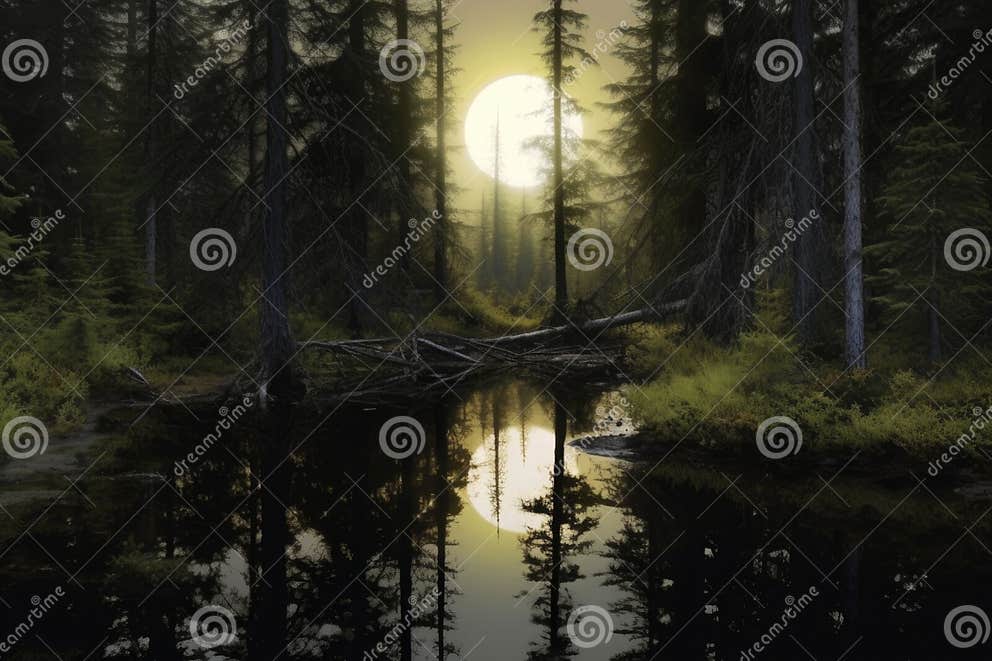 Eclipse Reflection on Small Forest Pond Stock Image - Image of lunar ...