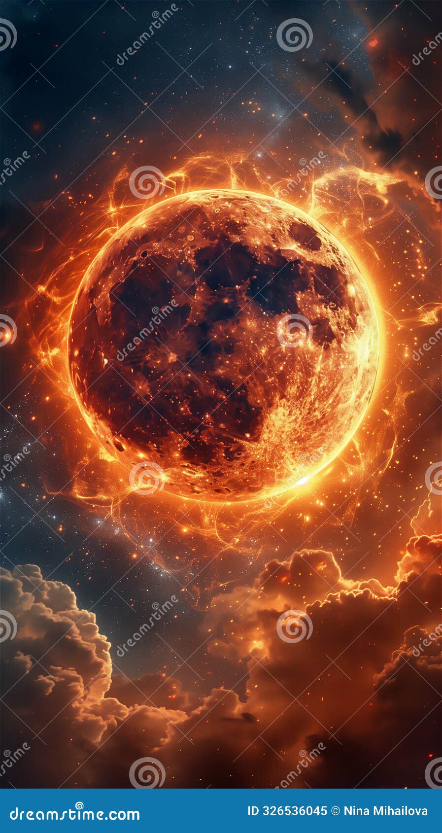 Eclipse in Solar, Against the Background of the Night Sky and Clouds ...