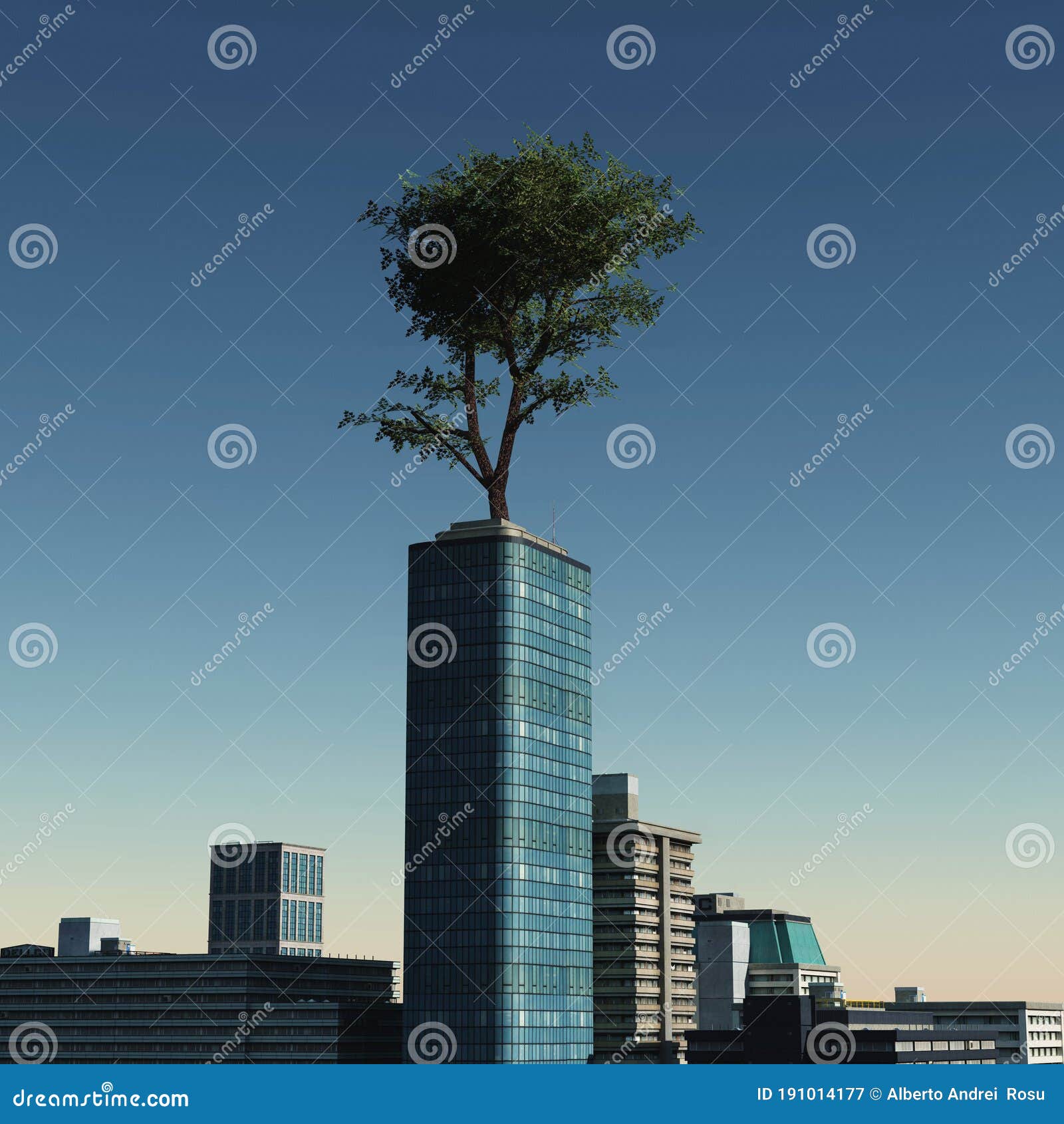 Big Maple Tree on Top of a Skyscrape Stock Illustration - Illustration ...