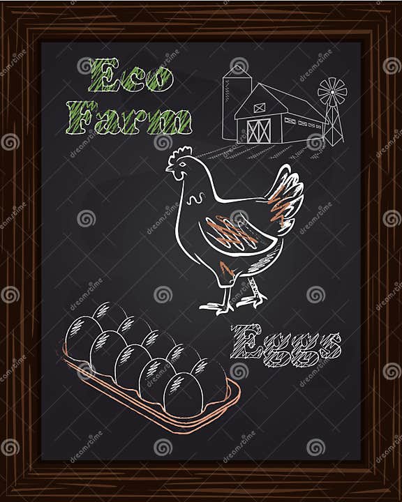 Eco Farm with hen and eggs stock illustration. Illustration of design ...