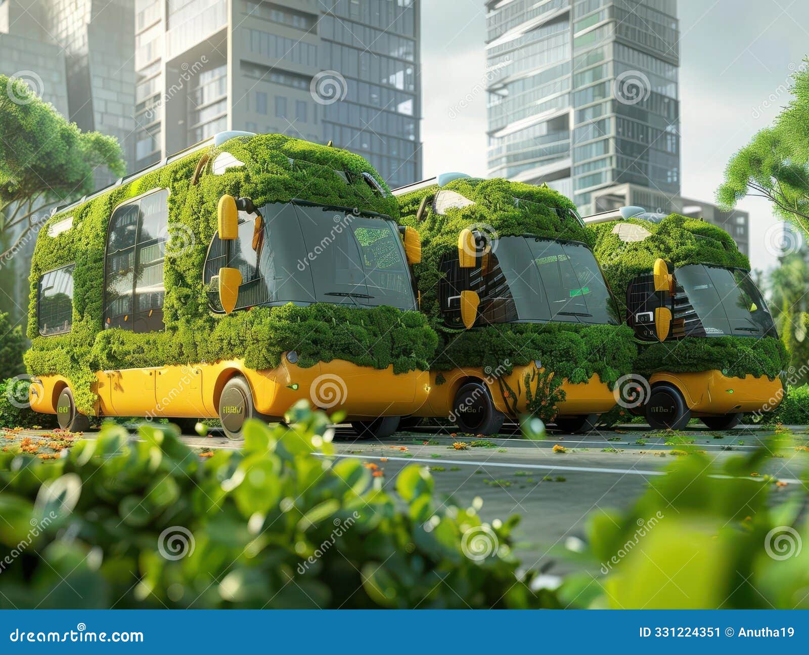 Eco-Friendly Autonomous Buses Covered in Greenery in Urban Environment ...