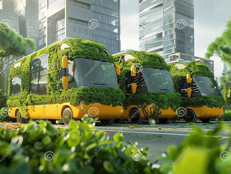 Eco-Friendly Autonomous Buses Covered in Greenery in Urban Environment ...