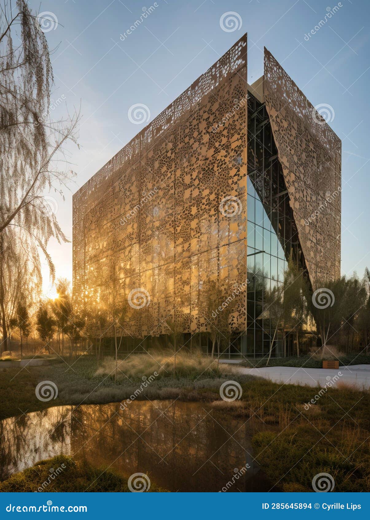 Eco-Friendly Building Bathed in Golden Sunlight - Generative AI Stock ...