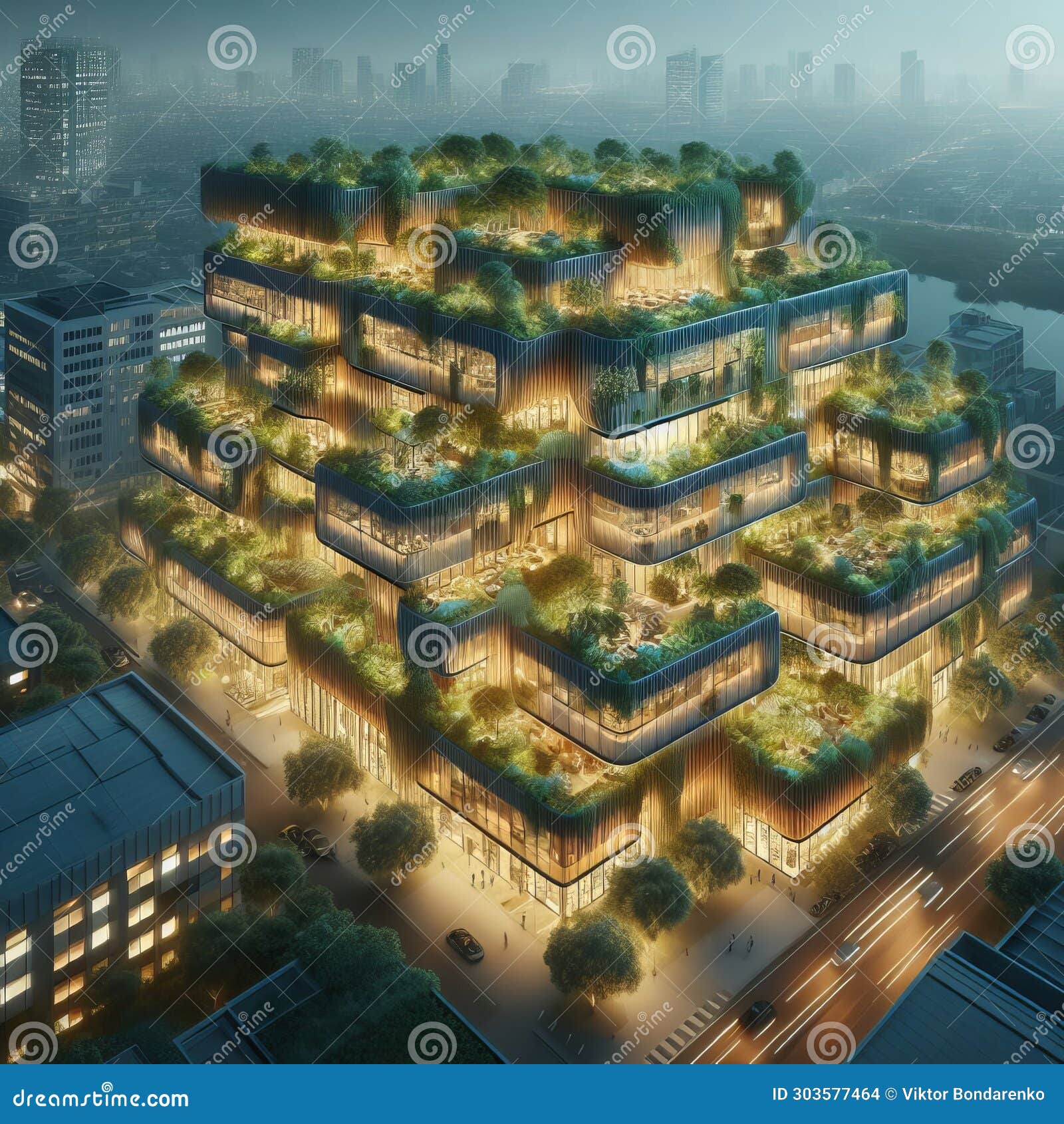 Aerial Evening View of Modern Eco-friendly Green Office Building with ... Aerial Evening View of Modern Eco-friendly Green Office Building with ...
