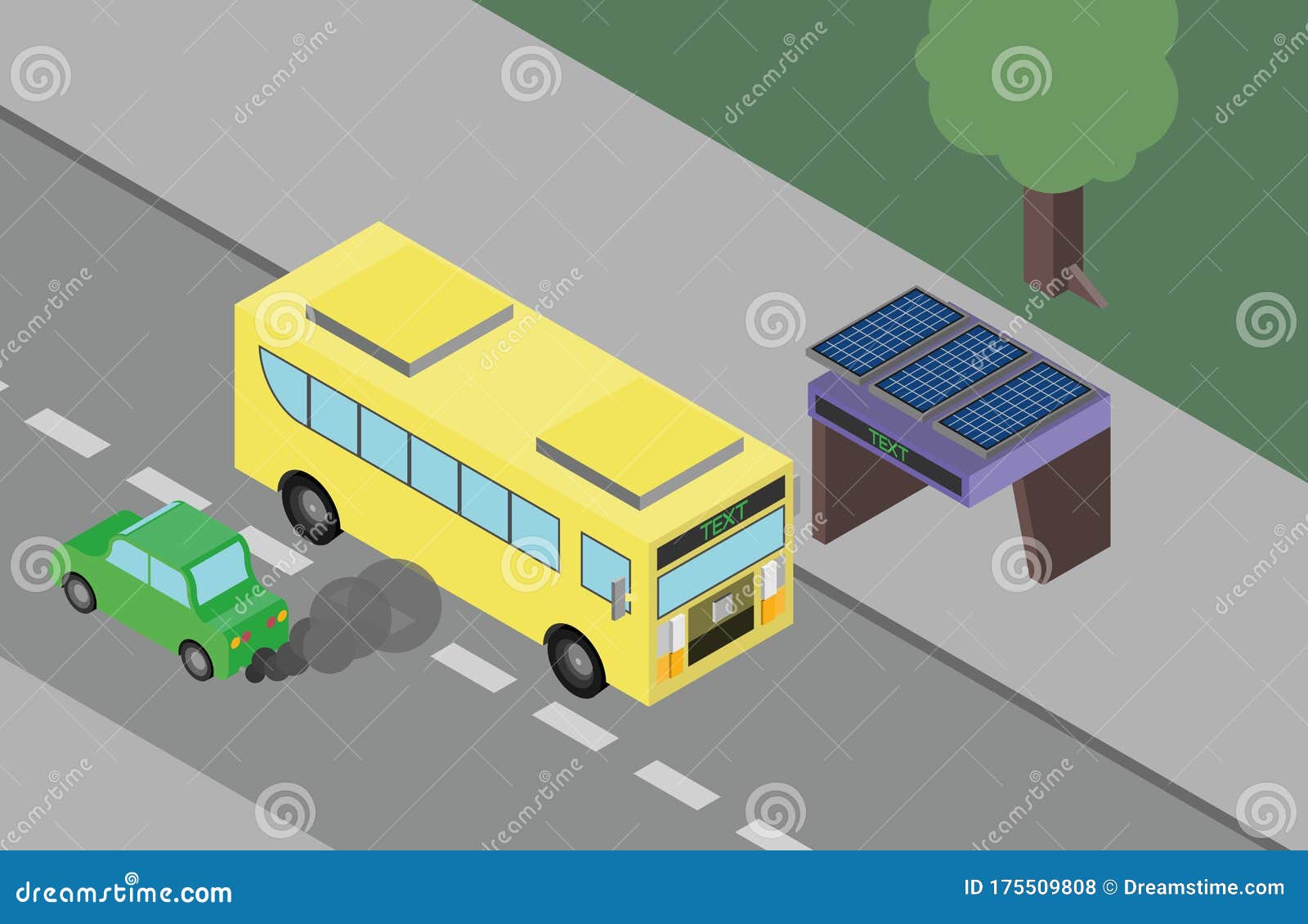 Eco-friendly Bus, a Bus Stop, a Car Isometric. Stock Illustration ...