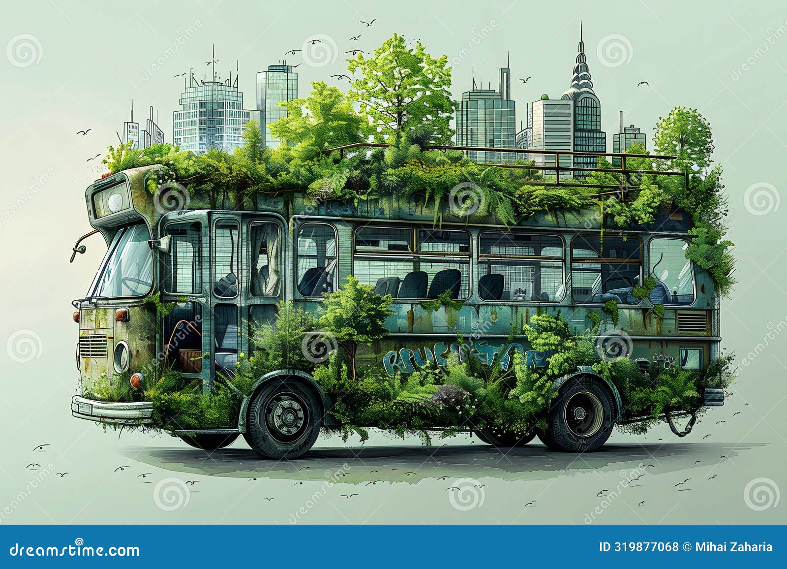 Eco-Friendly Bus with Urban Greenery. Colorful Illustration Stock ...