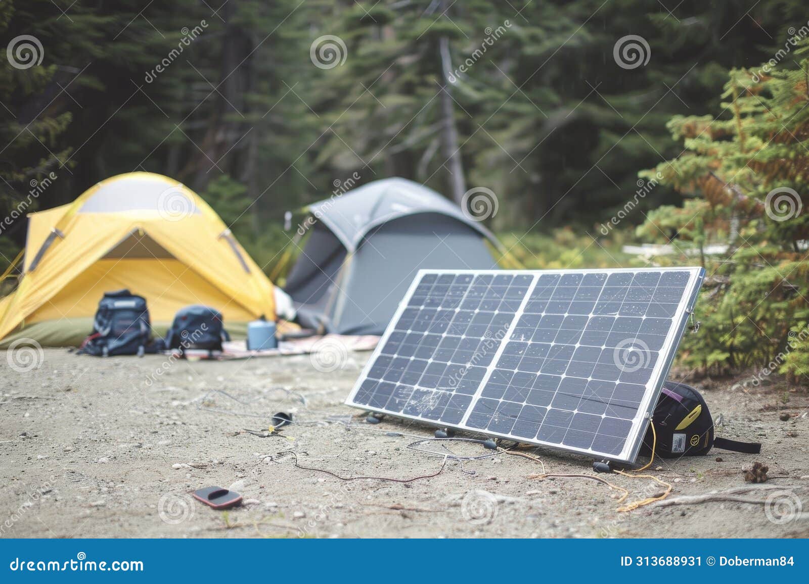 Eco-friendly Camping Setup with Portable Solar Panel in a Forest Stock ...