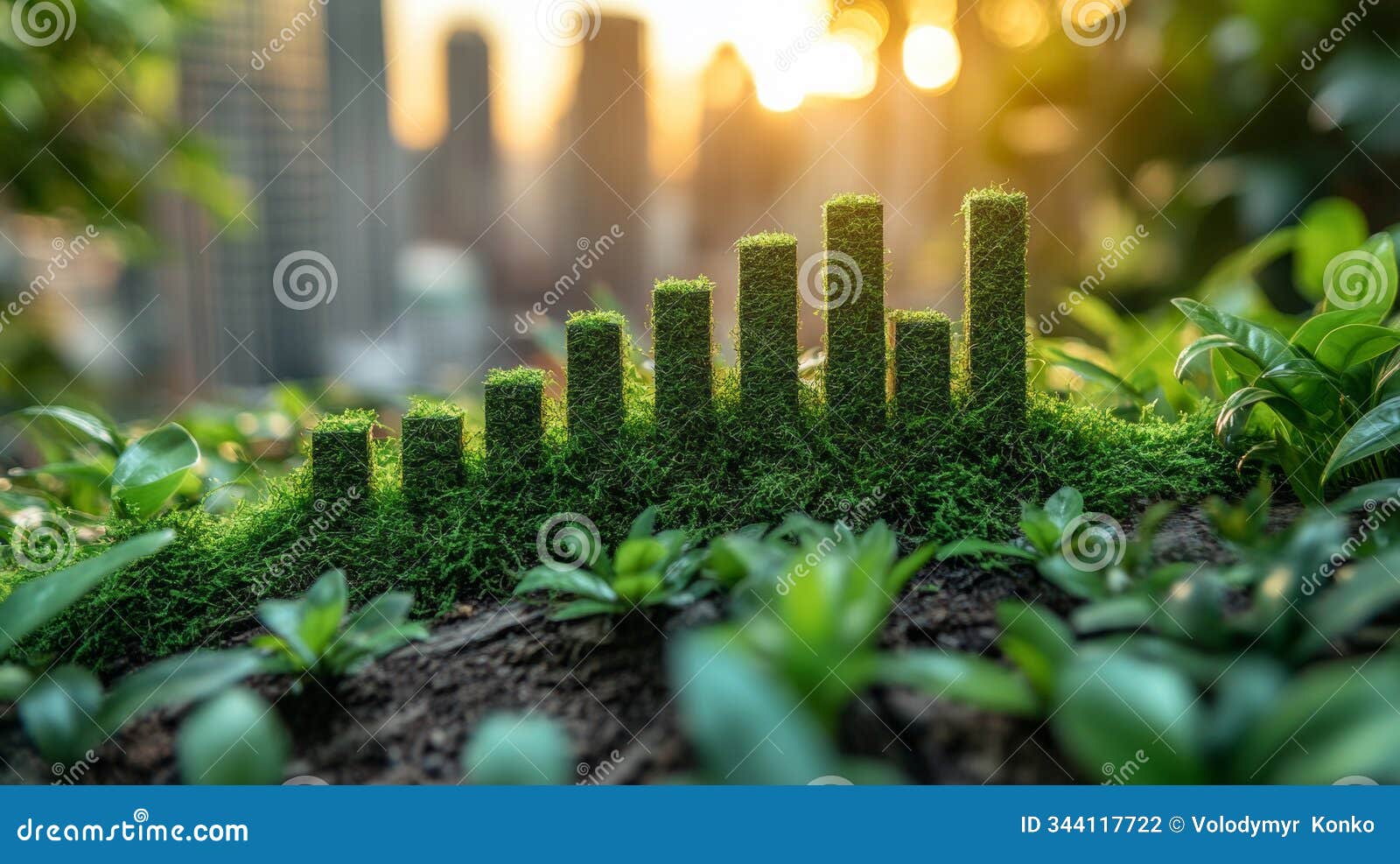 Eco-friendly City Growth Concept with Bar Graph Made of Moss and Plants ...