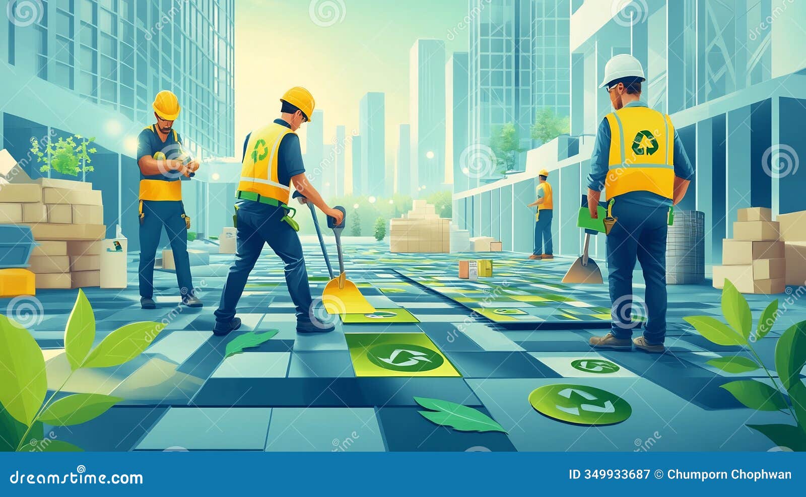 Eco Friendly Construction Workers Assembling Sustainable Flooring in ...