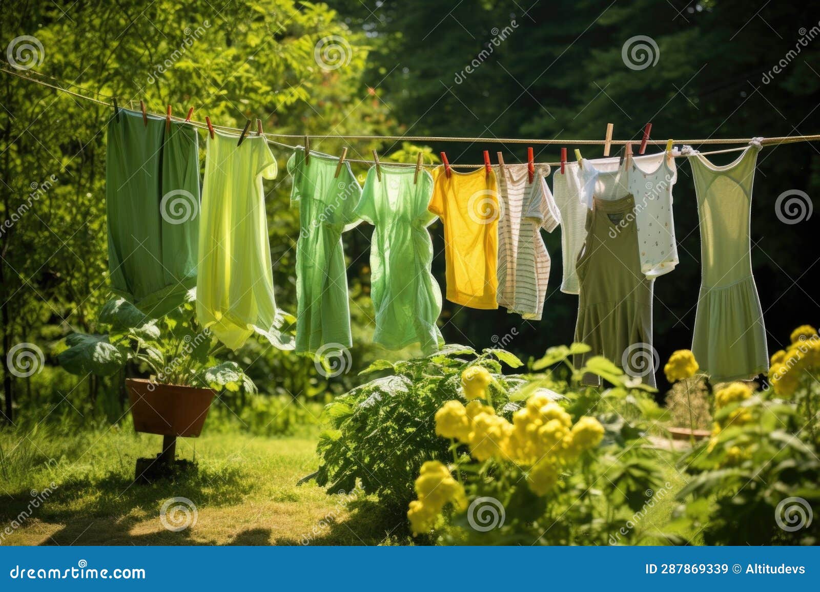 Eco-friendly Drying: Clothes on Line in a Green Garden Stock Image ...