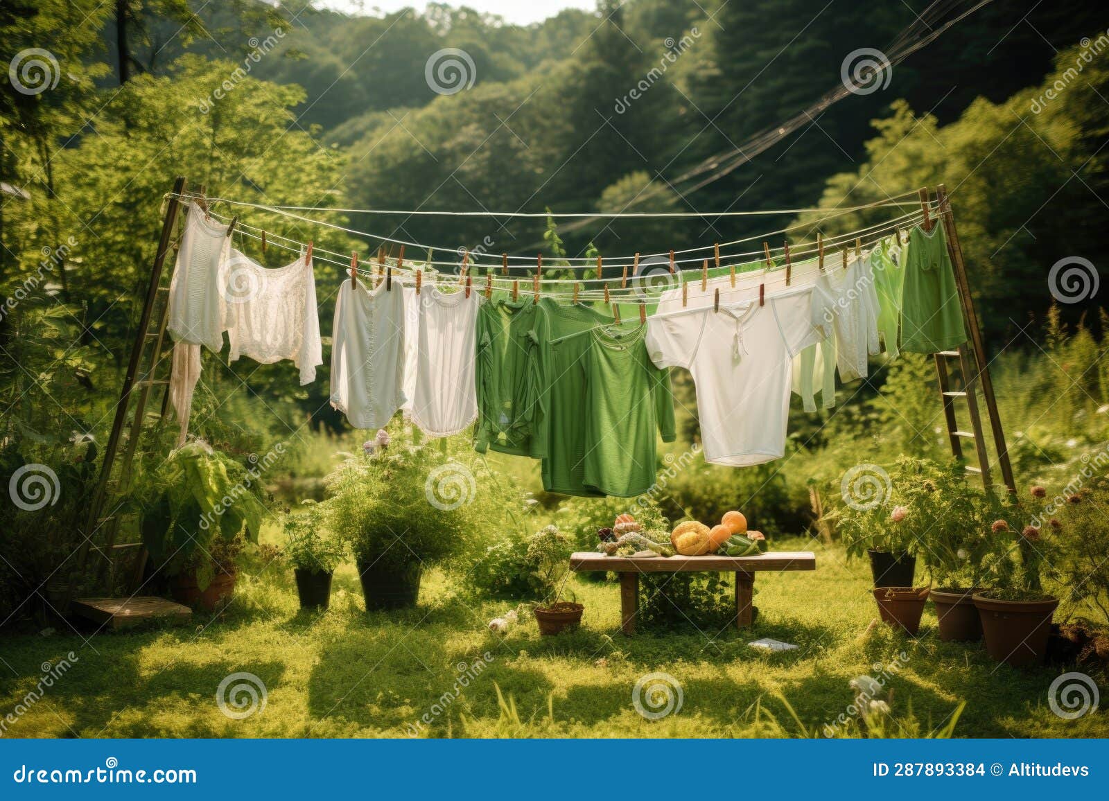 Eco-friendly Drying: Clothes on Line in a Green Garden Stock Photo ...