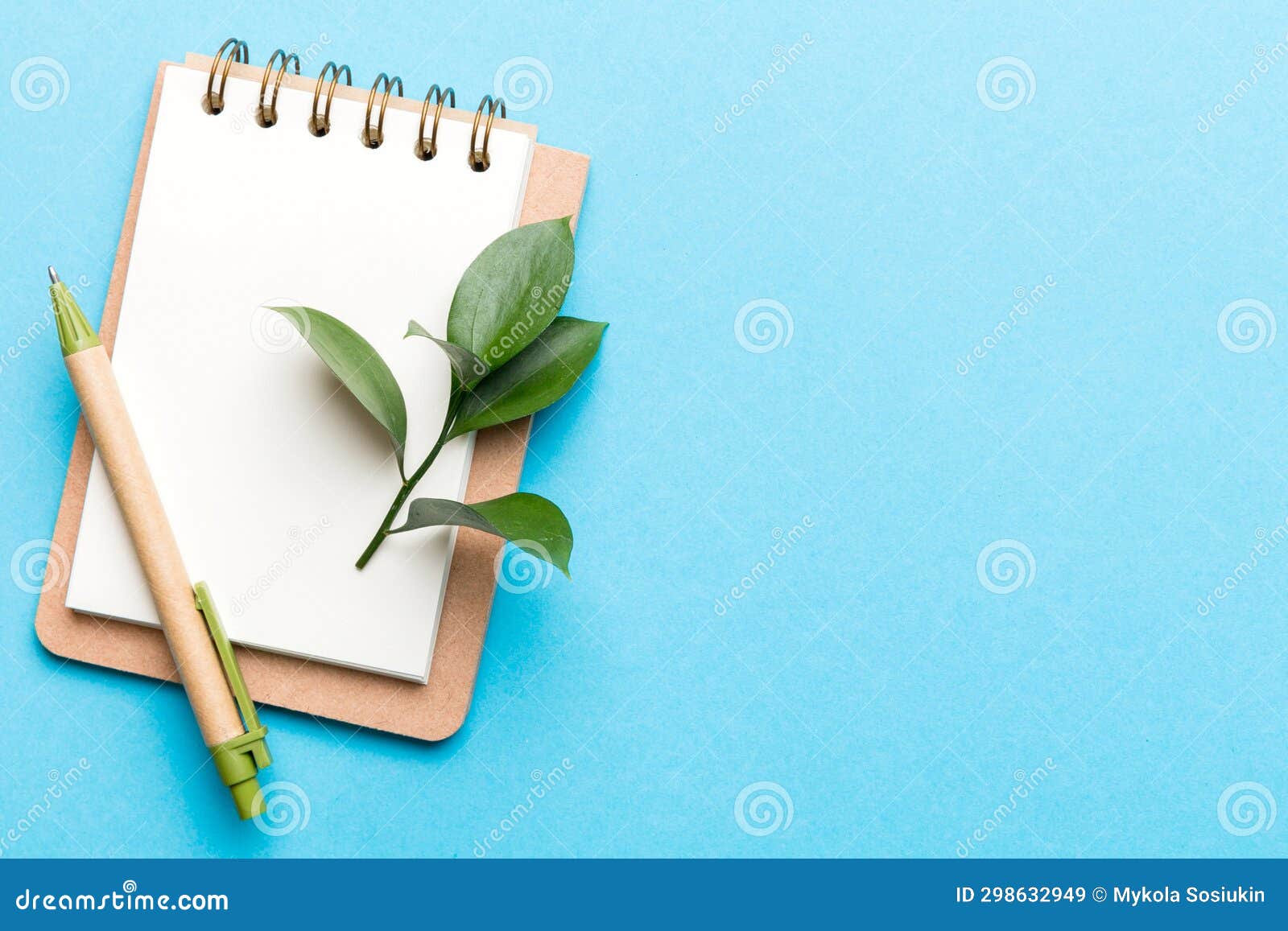 Eco-friendly Empty Notebook with Pen and Green Leaf on Colored ...