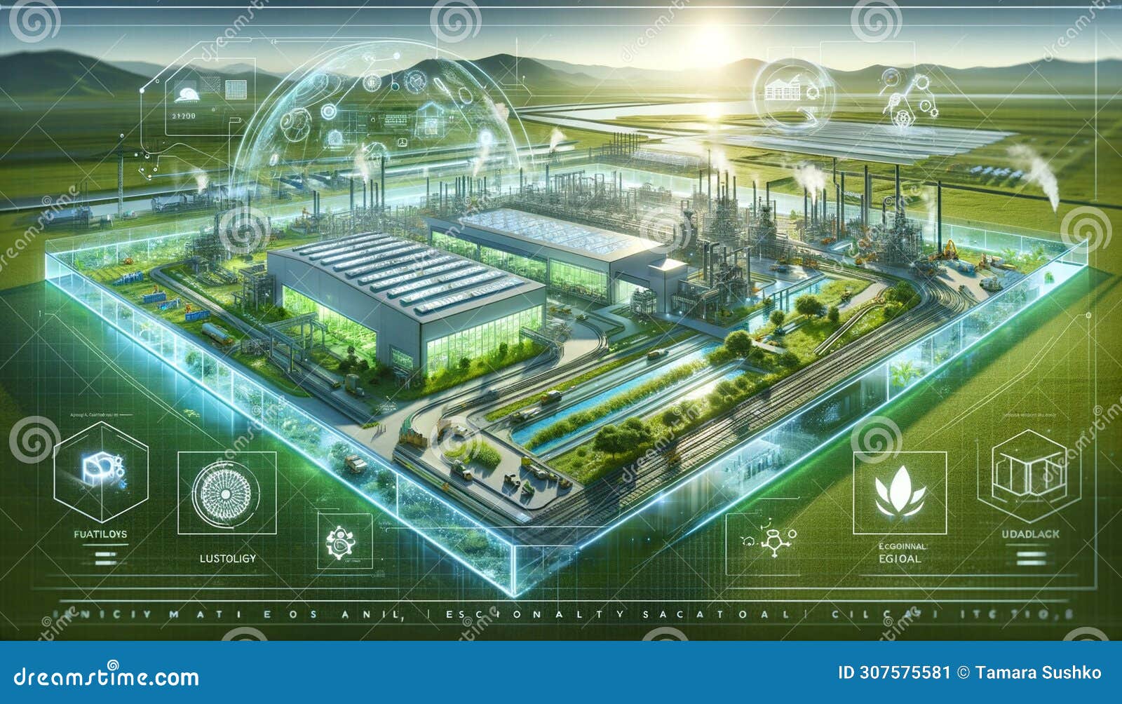 Eco Friendly Factory Compound on Green Background. 3D Illustration ...