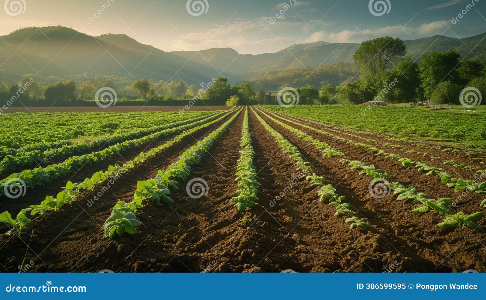 Eco Friendly Farm with Rows of Organic Crops Beautiful Mountains Under ...
