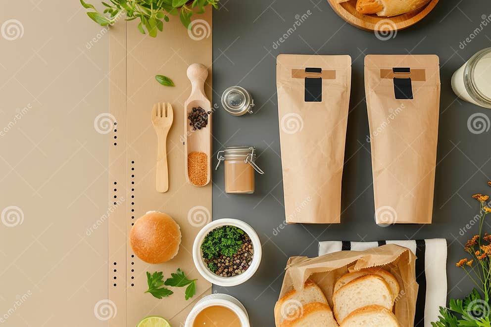 Eco-Friendly Food Packaging with Bread and Condiments on Modern Table ...