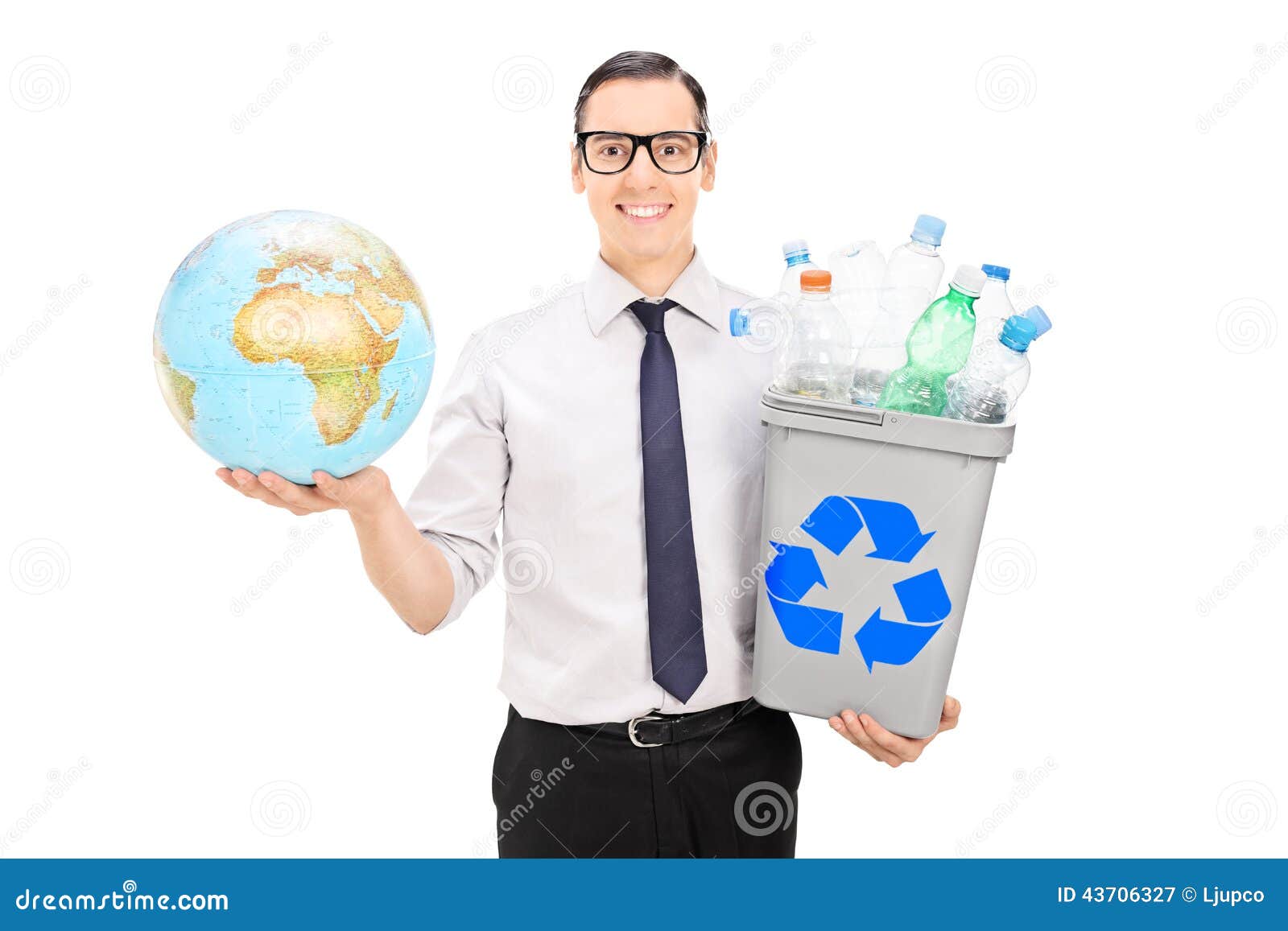Eco Friendly Guy Holding Recycle Bin and a Globe Stock Image - Image of ...